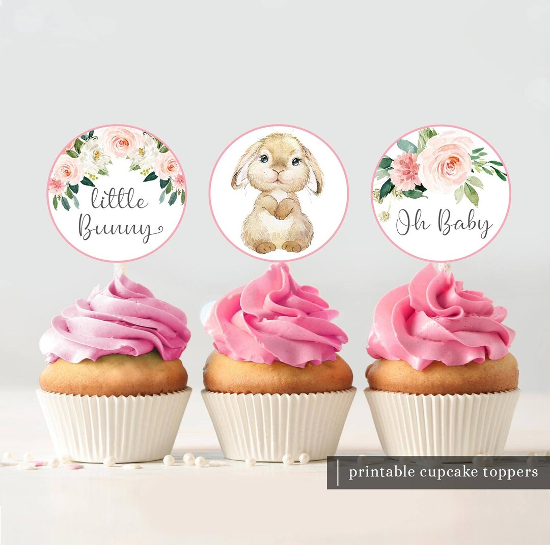 Bunny Baby Shower Cupcake Toppers, Bunny Baby Shower Decorations, Blush ...