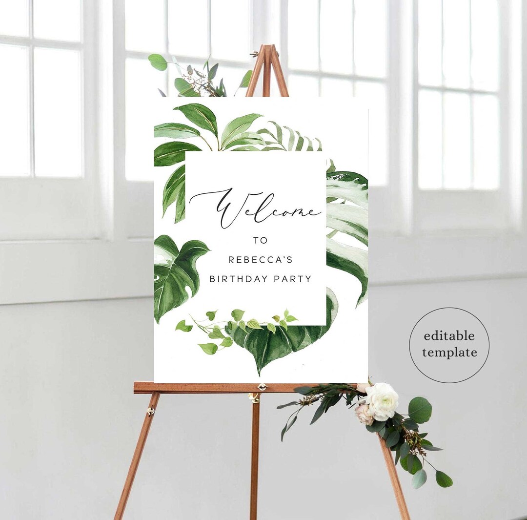 Tropical Birthday Party Welcome Sign Template, Palm Leaf Birthday ...
