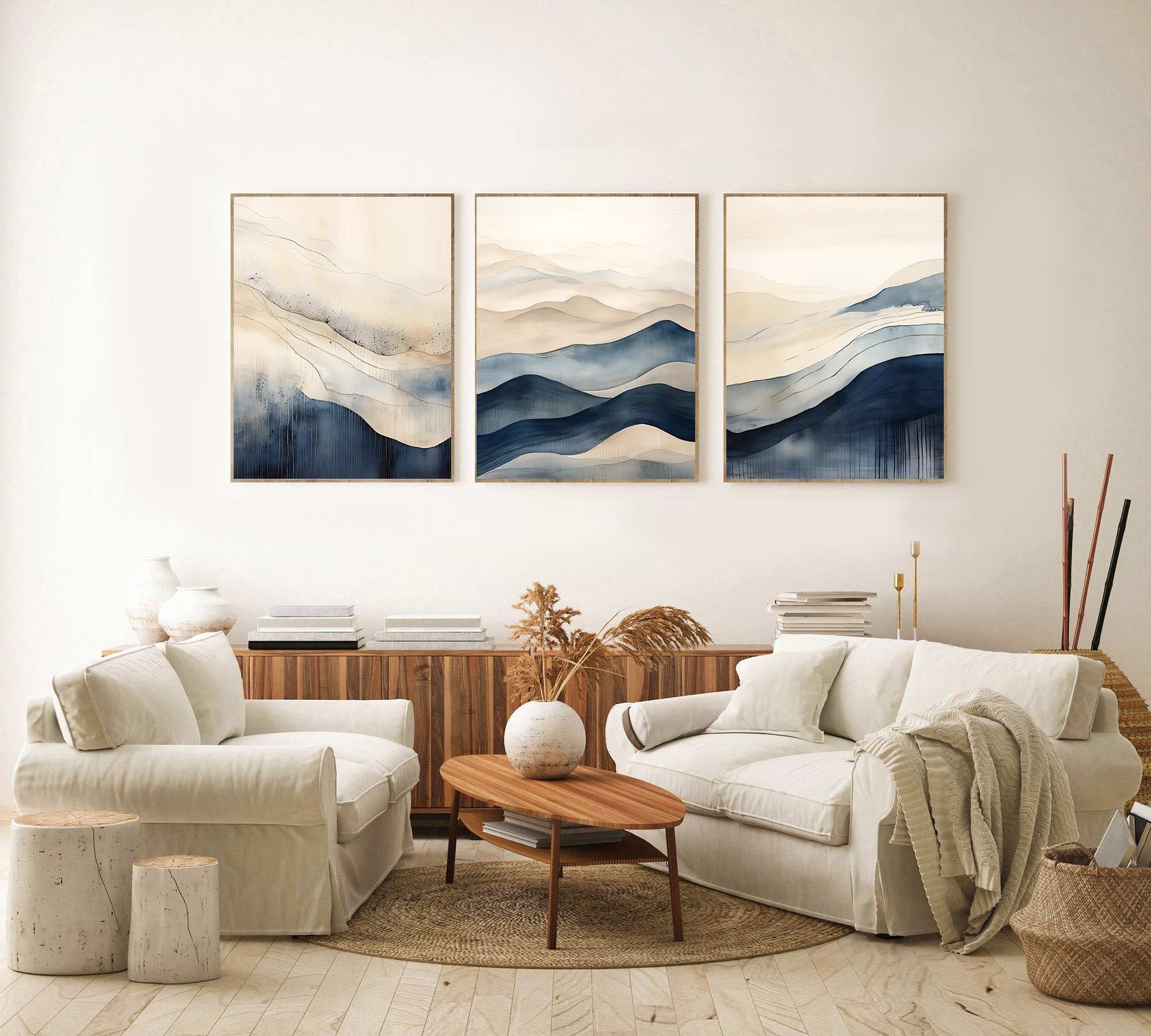 Abstract Blue Wall Art Set of 3, Neutral Prints Set, Modern Neutral ...