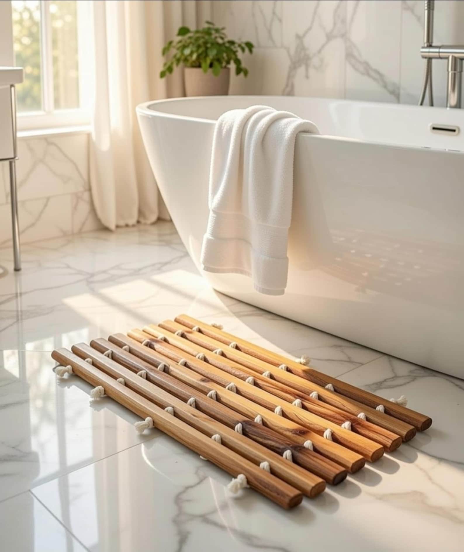 Rustic Cedar Slat Shower Mat Handmade | Rope Tied Wooden Bath Mat for ...