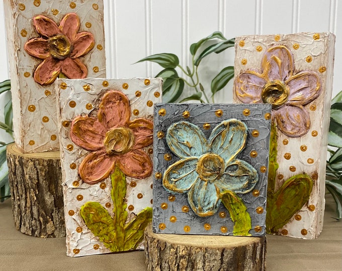 Beautiful Hand-painted Dimensional Flower Blocks With Gold Accents - Etsy
