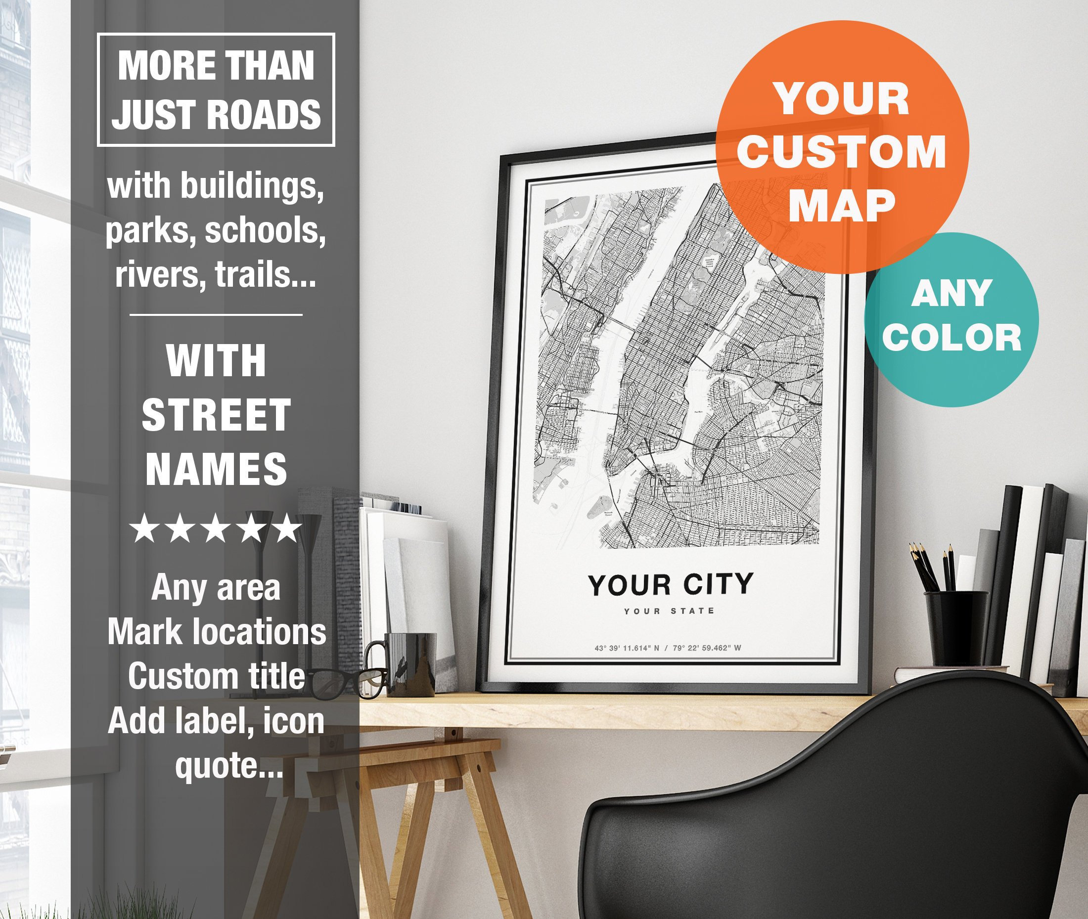 Custom Map Print Personalized Map Art Custom City Map Print | Etsy