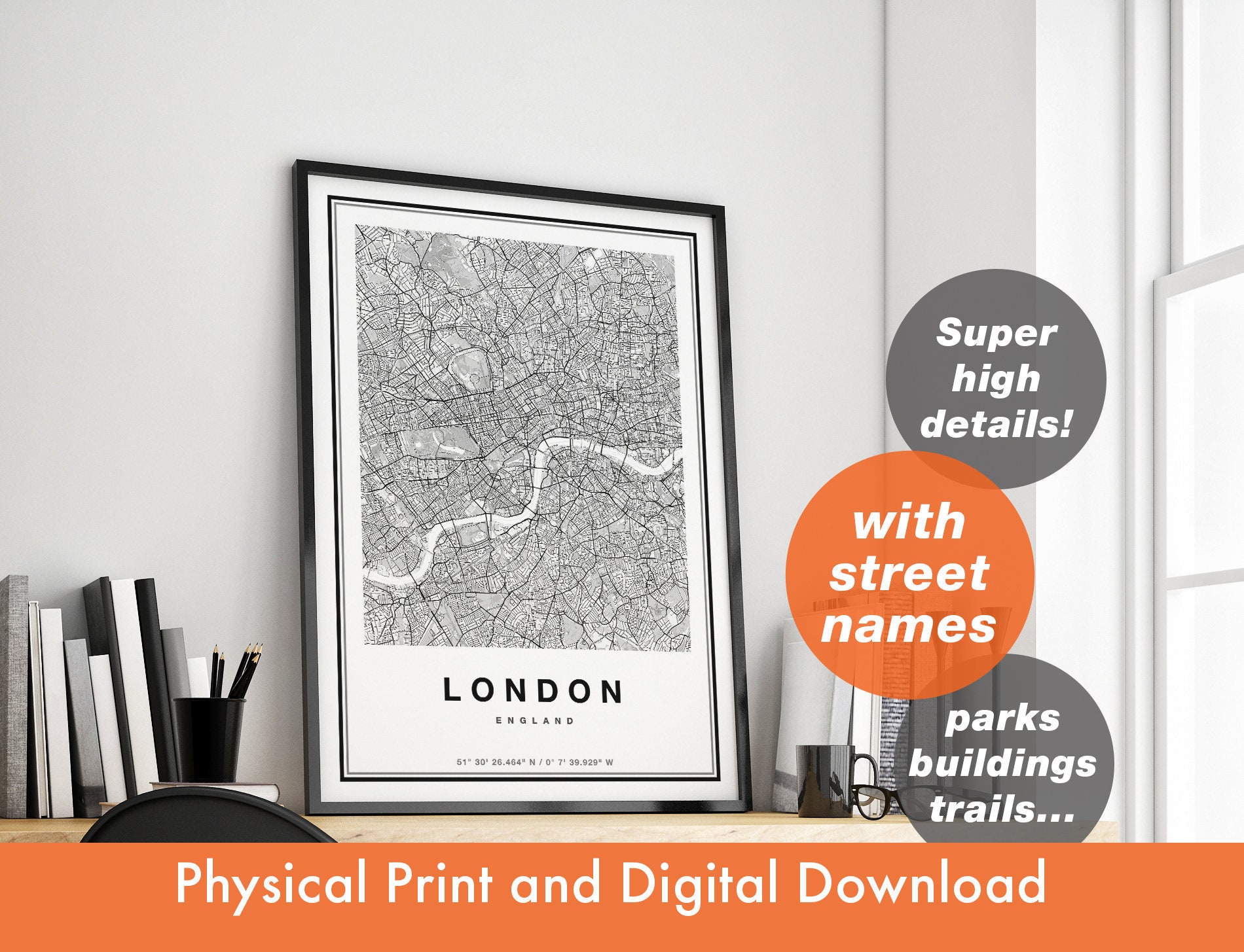London Map Print, Map of London, City Map Art, Street Names London ...