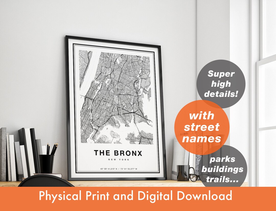 The Bronx City Map Print, Map of the Bronx, the Bronx Print Gift, Map ...