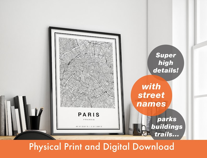Paris Map Print Printable Map of Paris City Map Art Paris | Etsy