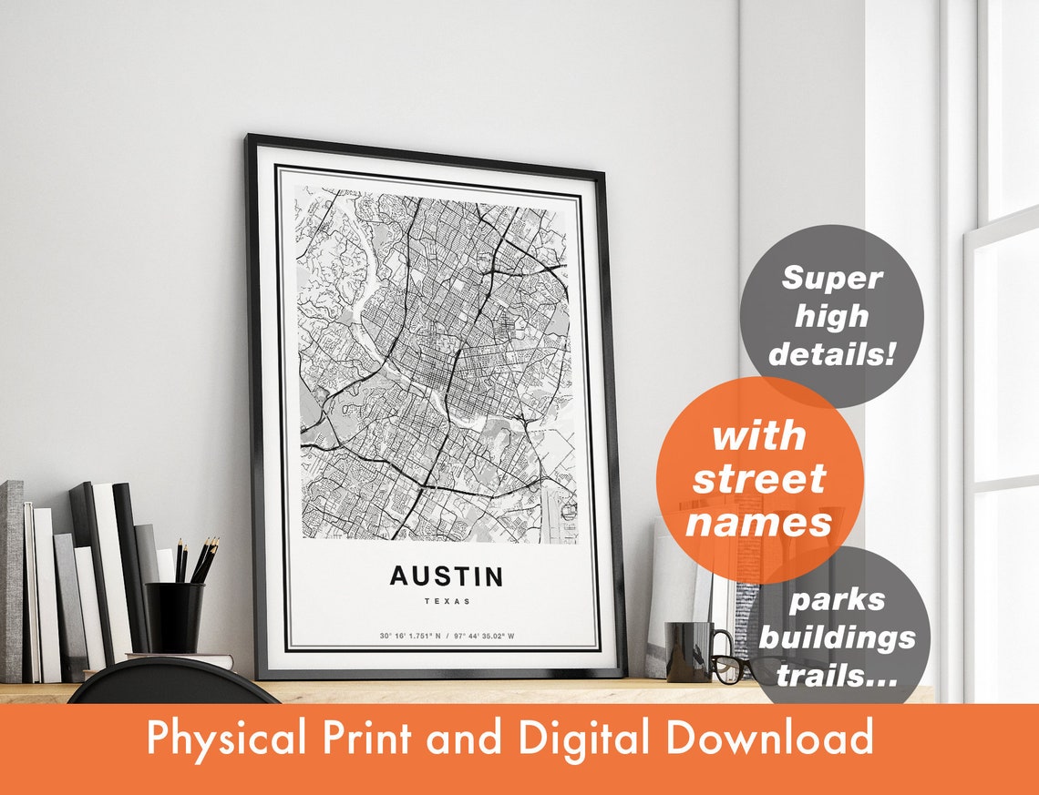 Austin Texas Map Printable Map of Austin City Map Art | Etsy