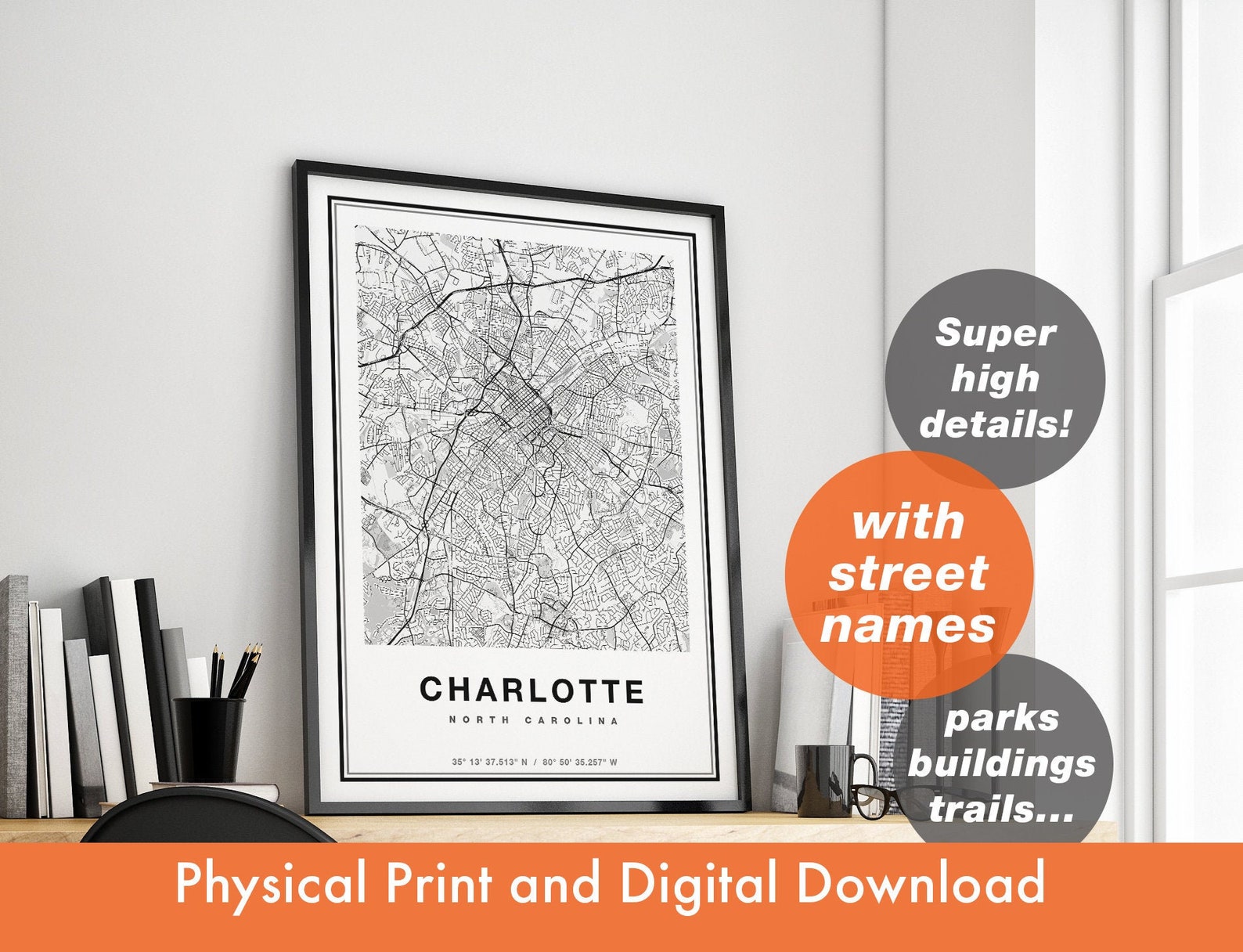Charlotte Map Print Printable Map of Charlotte City Map Art | Etsy