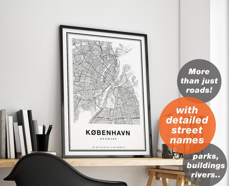 Copenhagen Map with GPS Coordinates Copenhagen City Map | Etsy