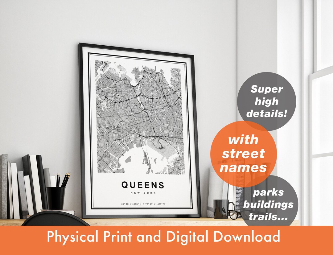 Queens Map Print, Map of Queens, City Map, Queens Print Gift, Queens ...