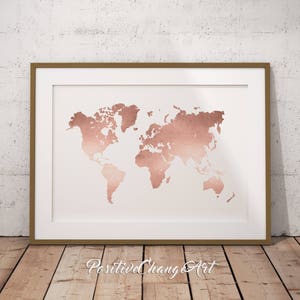 Rose Gold Decor, Office Decor, World Map Print, Rose Gold Map, Rose ...