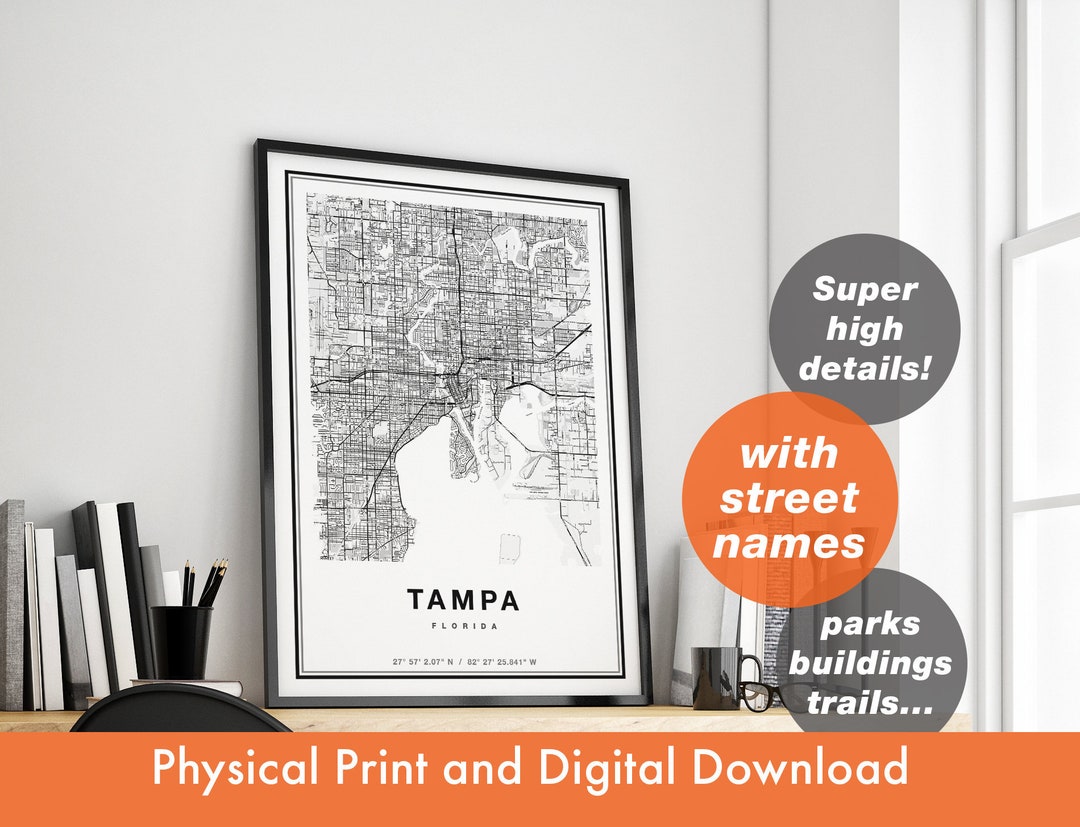 Tampa Map Print, Map of Tampa, City Map, Tampa Print Gift, Tampa Map ...