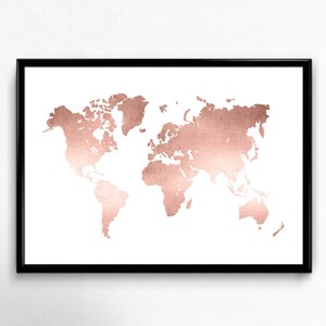 Rose Gold Decor, Office Decor, World Map Print, Rose Gold Map, Rose ...