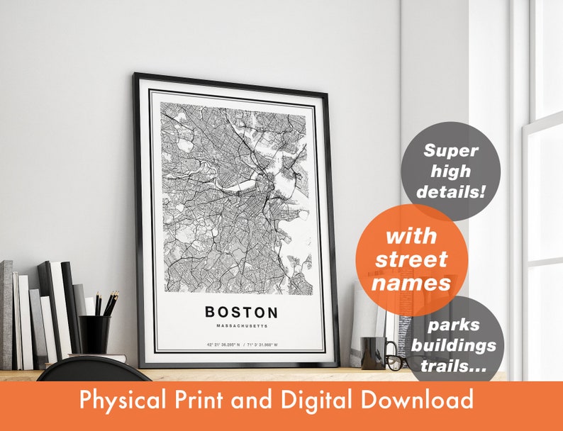 Boston Map, Boston City Map, Boston Print, Boston Poster, Map of Boston ...