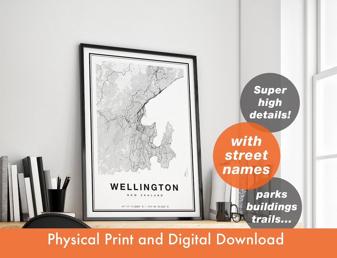 Wellington City Map Print, Map of Wellington, Wellington Print Gift ...