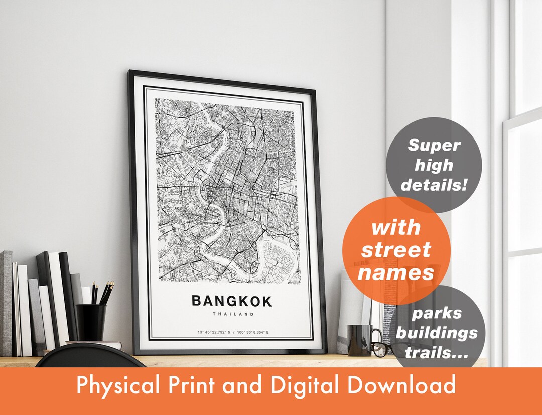 Bangkok Map Print, Printable Map of Bangkok, City Map Art, Street Names ...