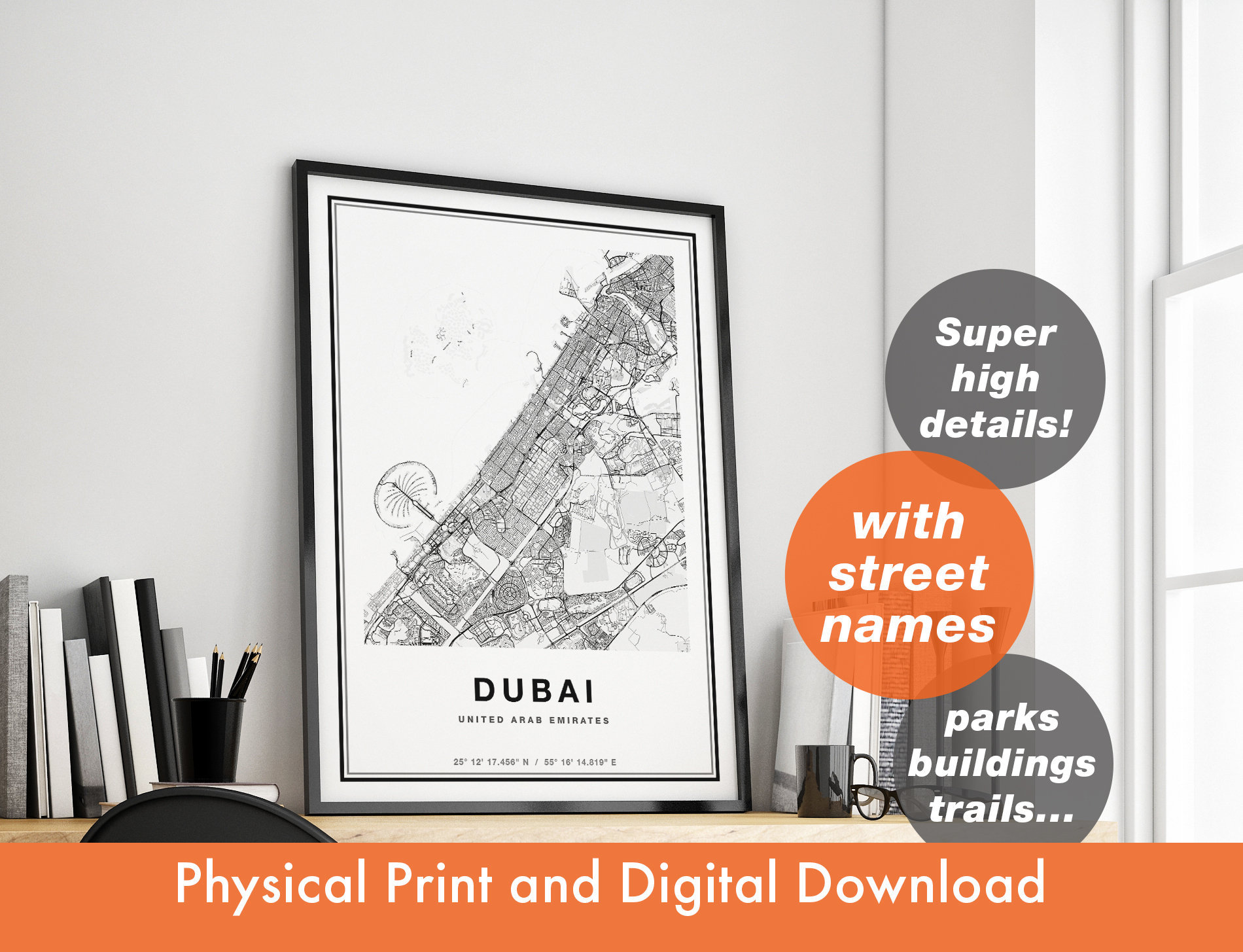 Dubai Map Print, Map of Dubai, City Map, Dubai Print Gift, Dubai Map ...