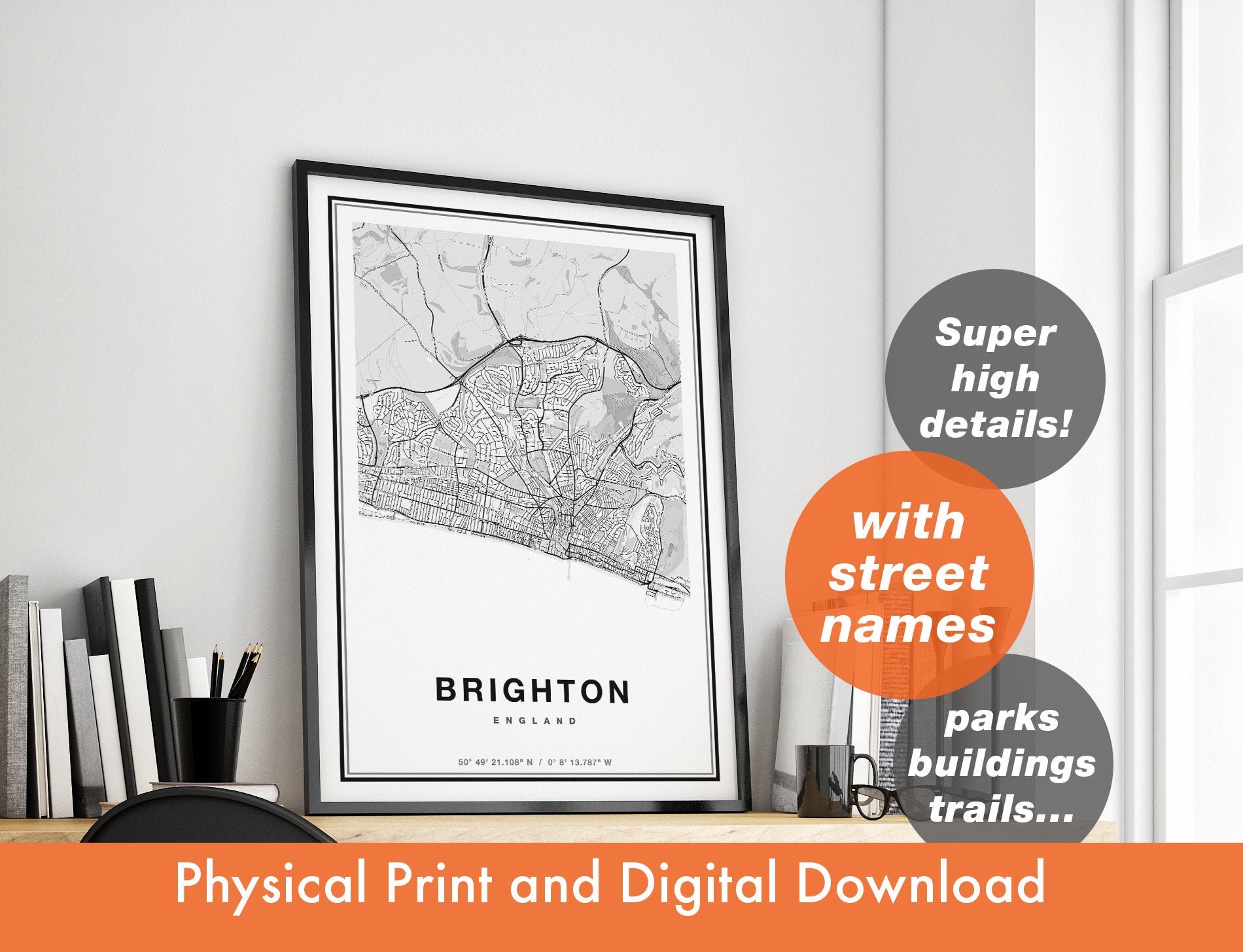 Brighton Map Print, Map of Brighton, City Map, Brighton Print Gift, Map ...