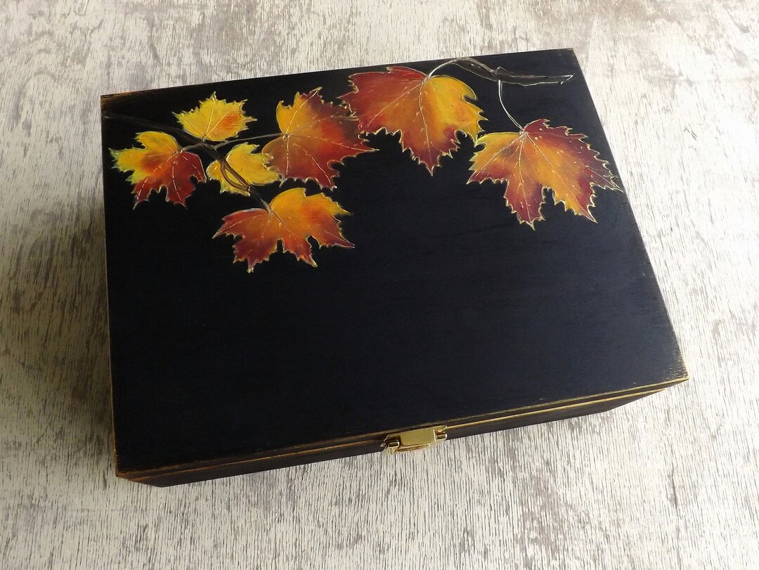 Wood Tea Box - Maple Oak Autumn Leaves, Handpainted Customized Wooden ...