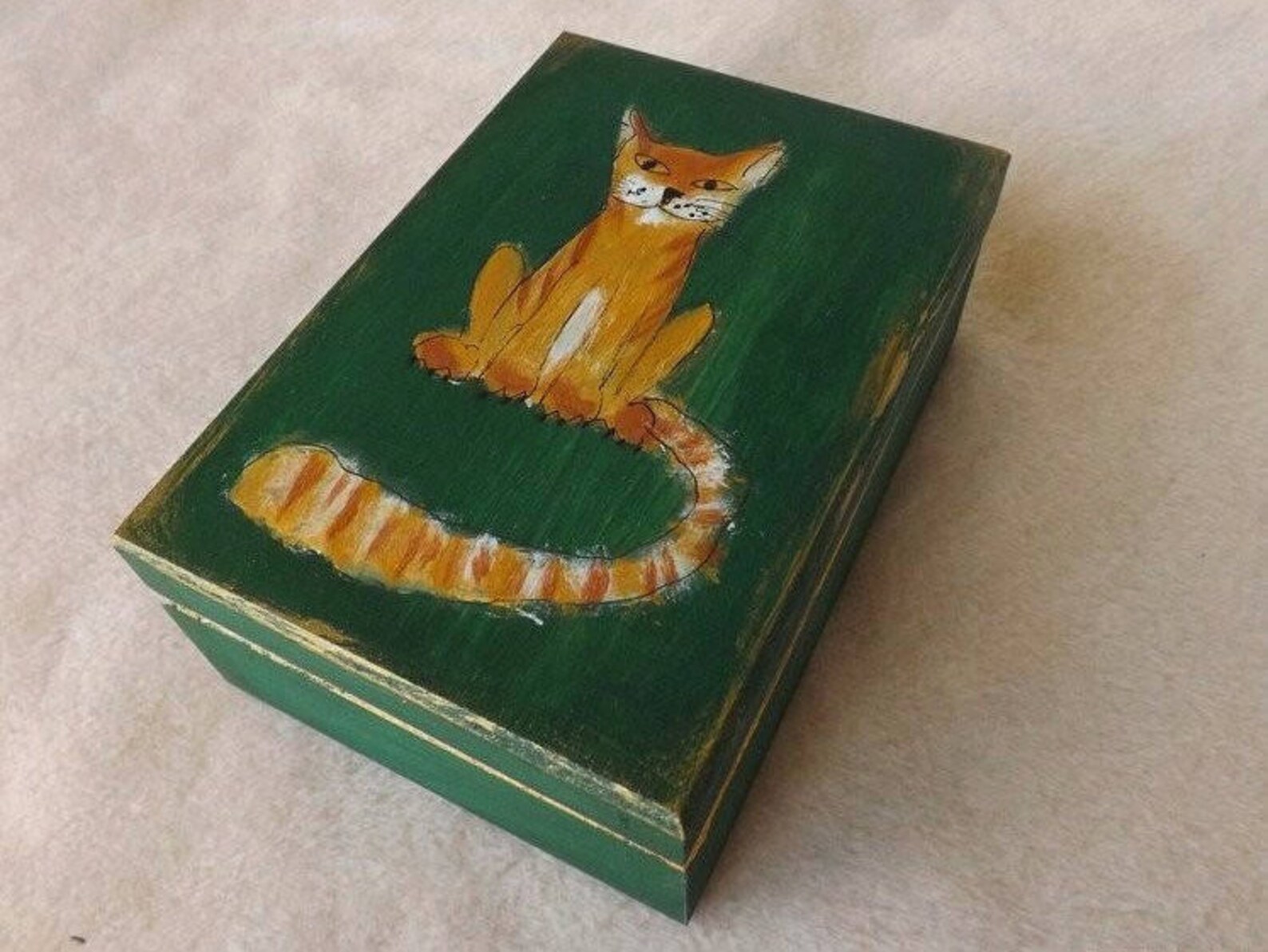 Wooden Box With Cat in Green, Hand-painted Personalized Wood Chest for ...