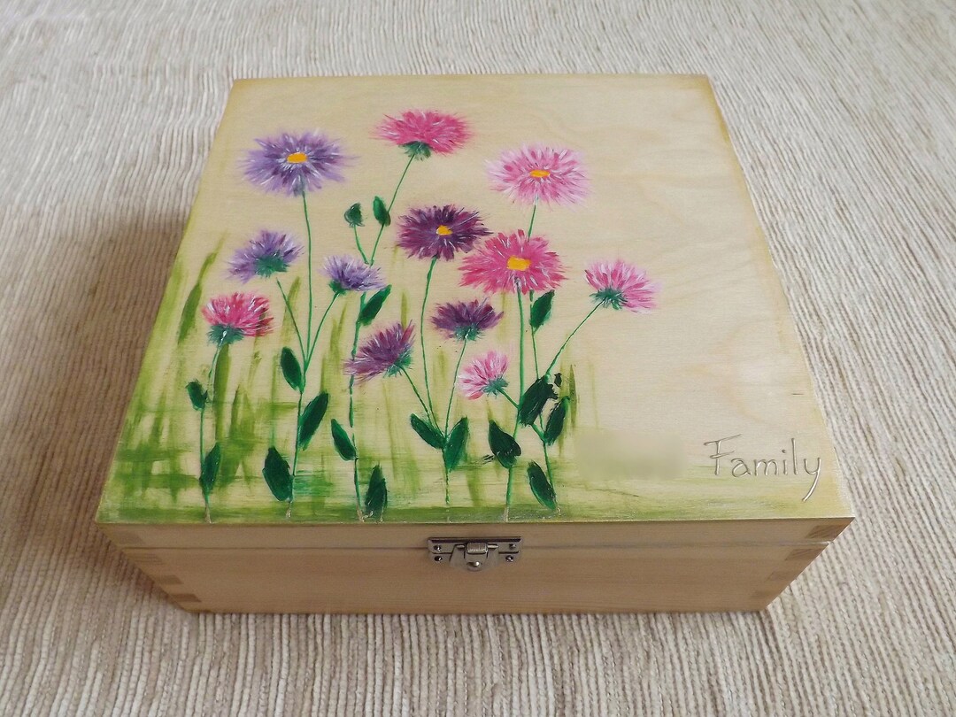 Large Wooden Tea Box Aster Flowers Custom Hand-painted - Etsy