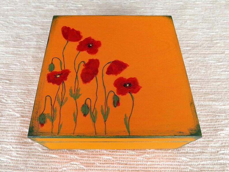 Wood Box With Poppies in Orange Hand Painted Custom Floral | Etsy