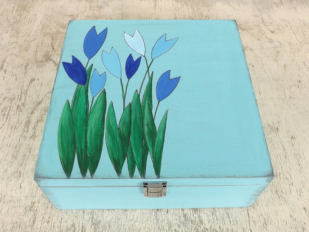 Big Wooden Tea Box With Tulips, Hand-painted Floral Wood Tea Bag ...