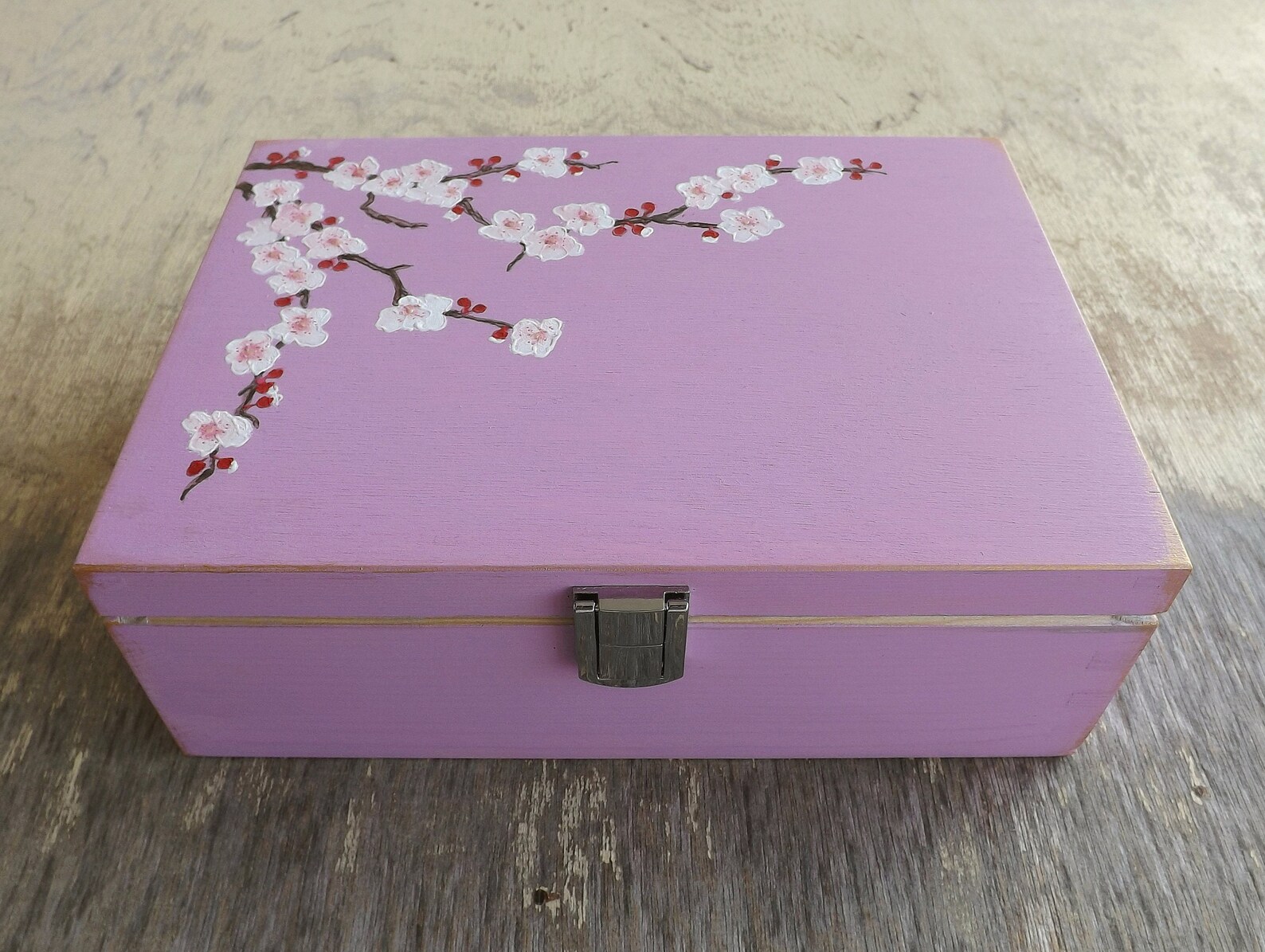 Wooden Tea Box: Cherry Blossom, Hand-painted Custom Floral Chest, Tea ...