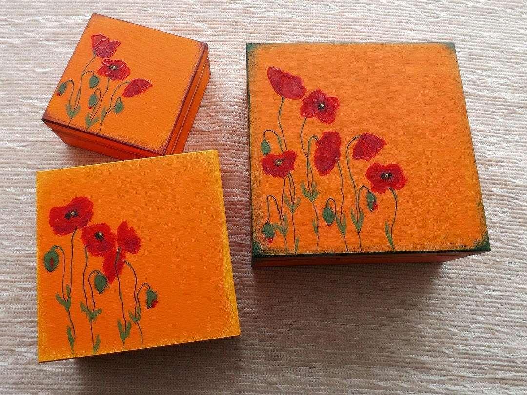 Wood Box With Poppies in Orange, Hand Painted Custom Floral Chest ...