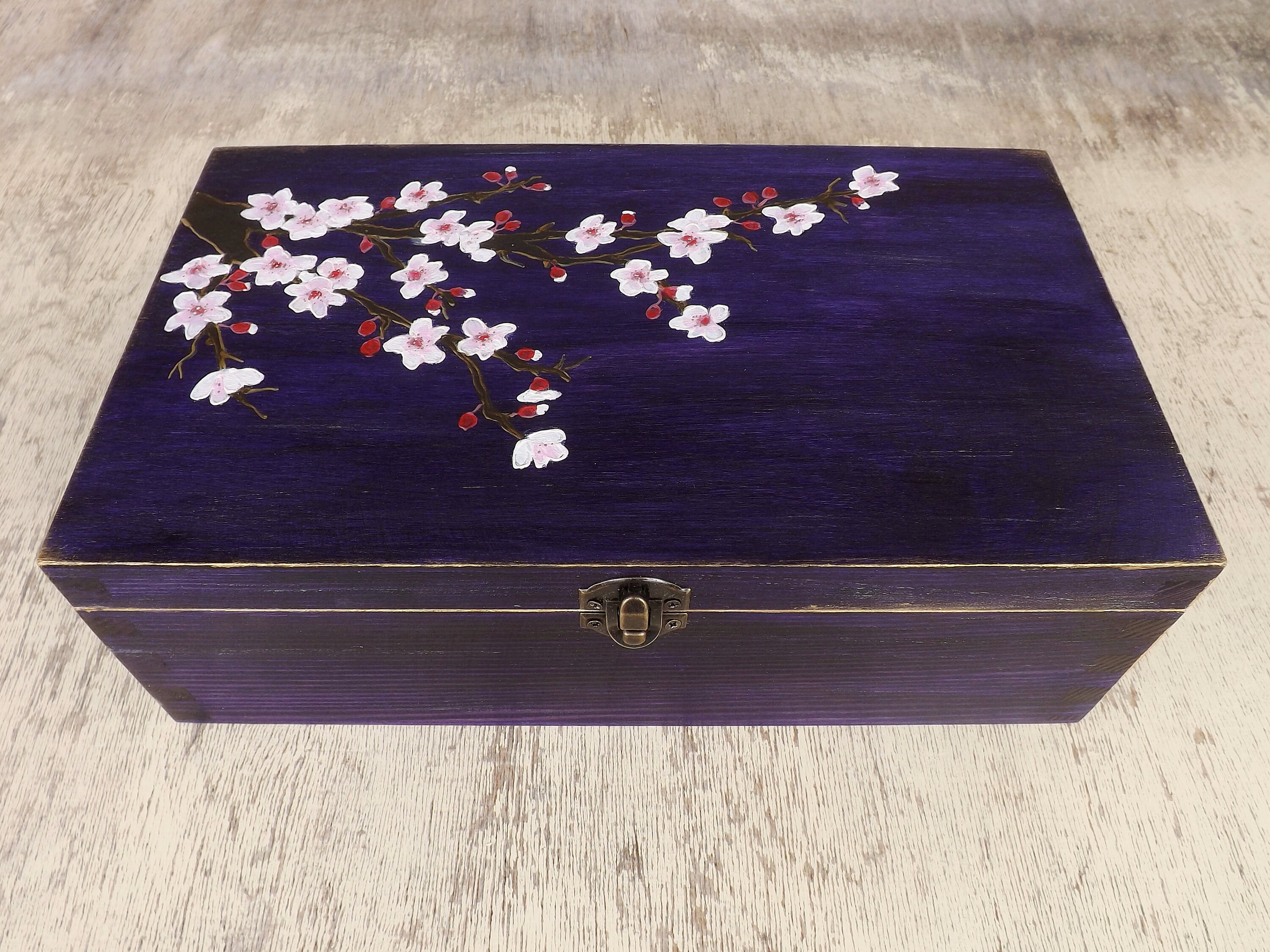Big wood Tea box with Cherry Blossom custom hand-painted | Etsy