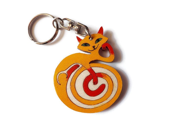 Keychain Cat in Orange Yellow hand-painted wood laser cut | Etsy