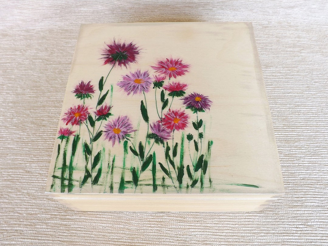 Large Wooden Tea Box - Aster Flowers, Custom Hand-painted Trinket ...