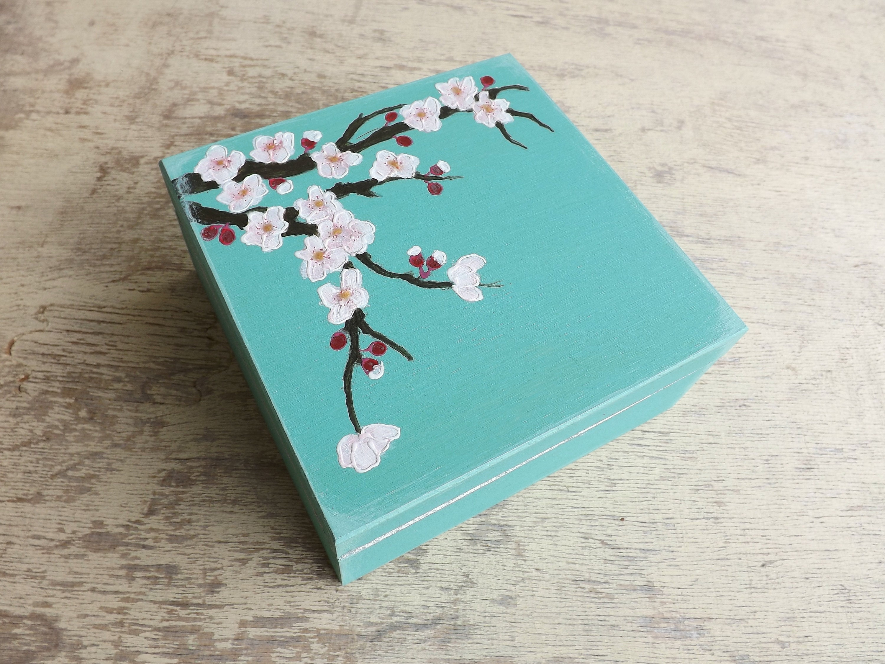 Wooden Box With Cherry Blossom, Hand-painted Flower Custom Chest ...