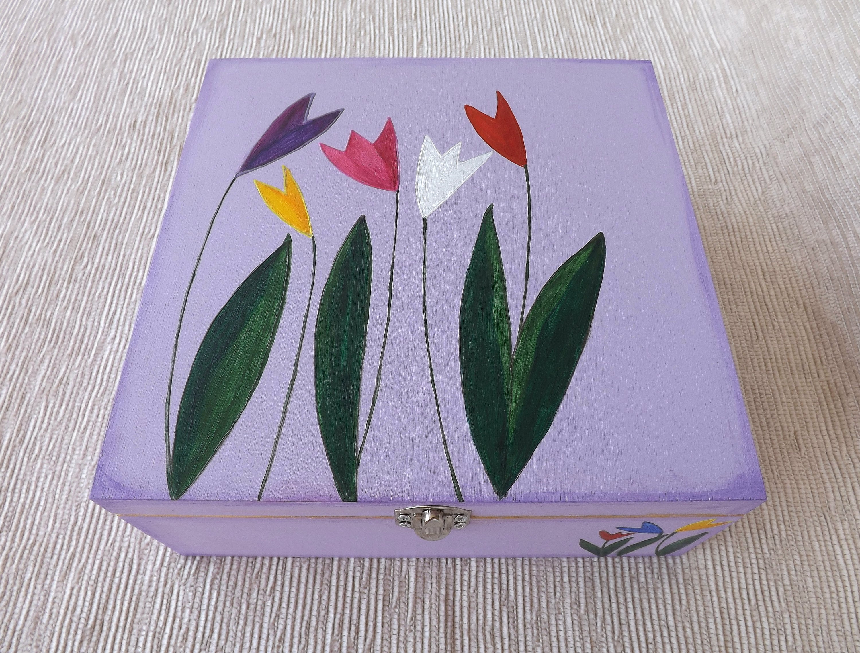 Big wooden Tea box with Tulips hand-painted floral wood Tea | Etsy