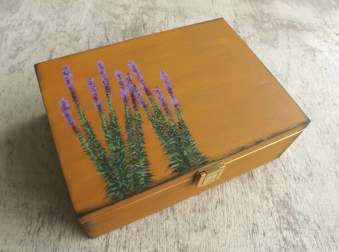 Wood Tea Box With Prairie Blazing Star, Hand-paint Customized Wooden ...