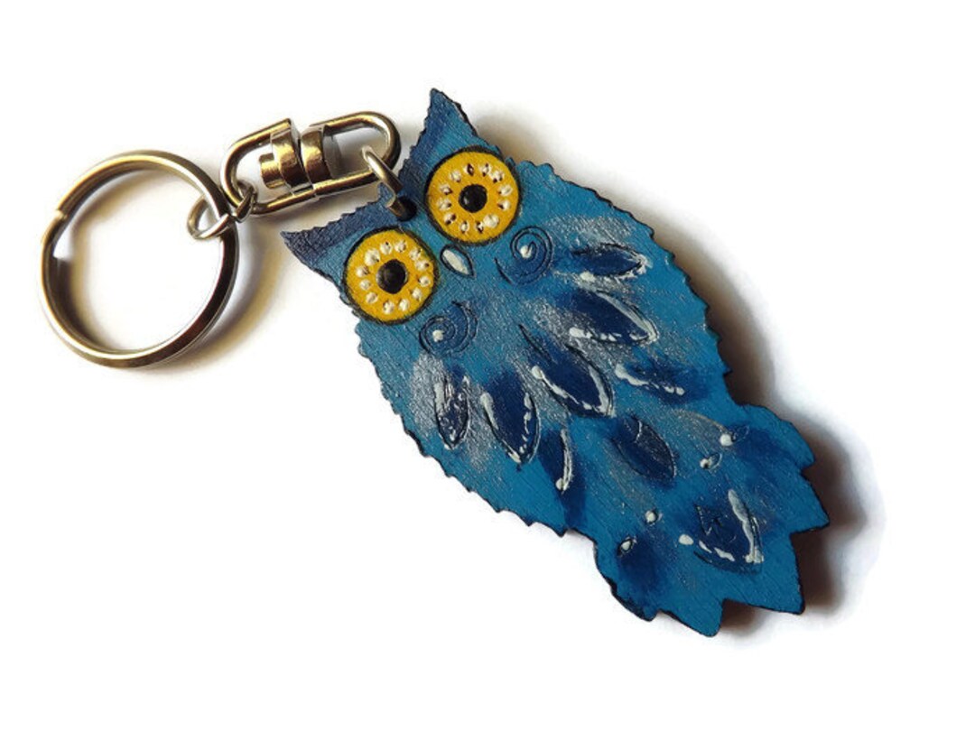Keychain Owl Blue Turquoise, Handpainted Funky Wooden Personalized ...
