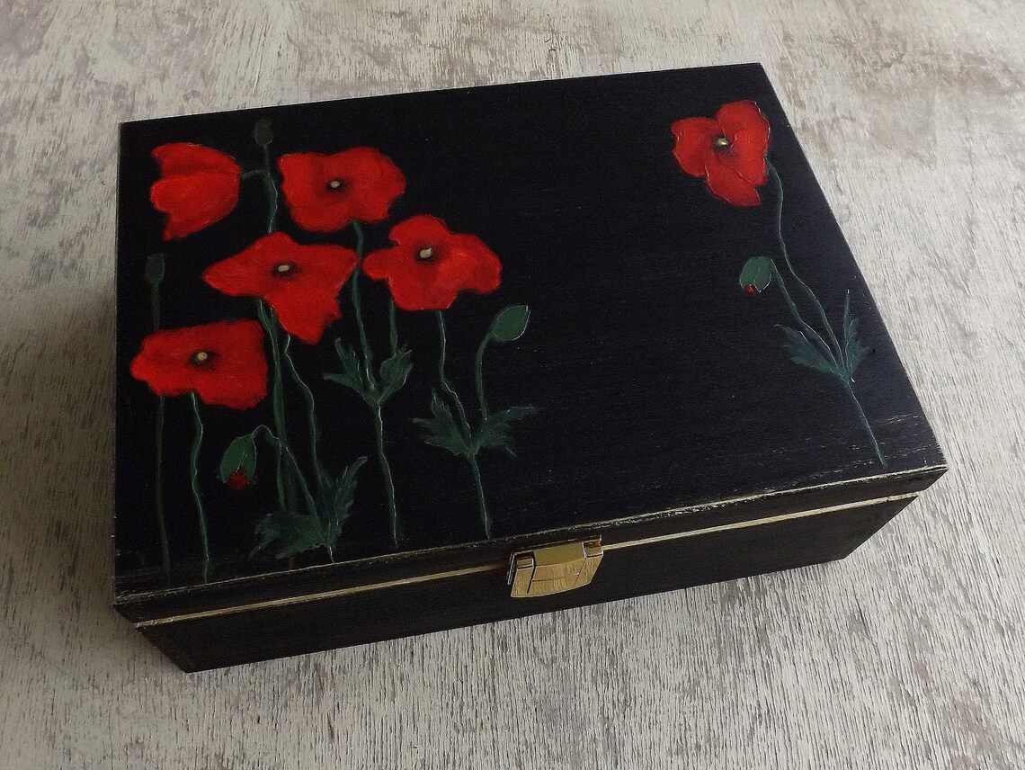 Wooden Tea Box Poppies Custom Hand Painted Chest for Tea - Etsy