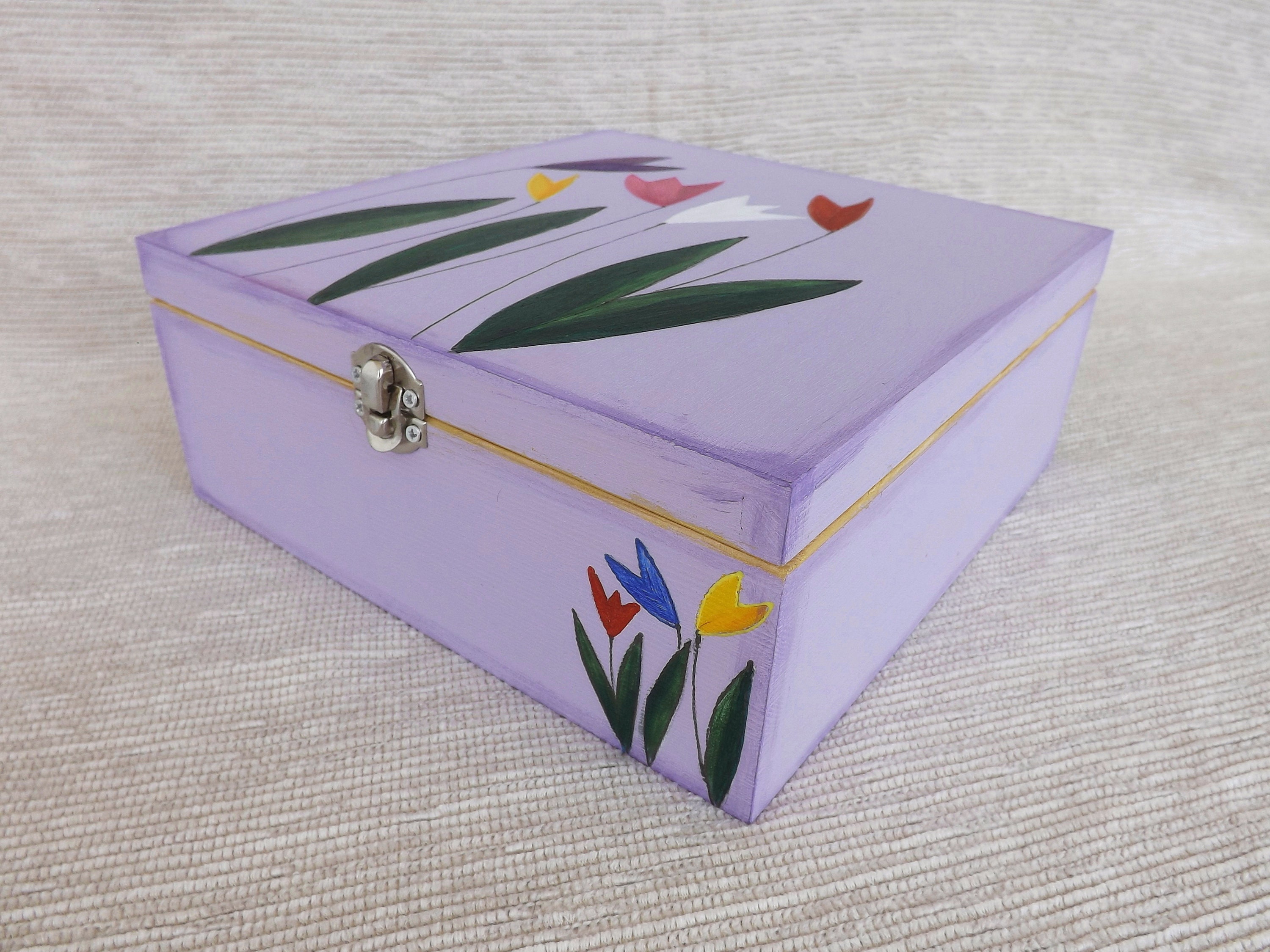 Big wooden Tea box with Tulips hand-painted floral wood Tea | Etsy