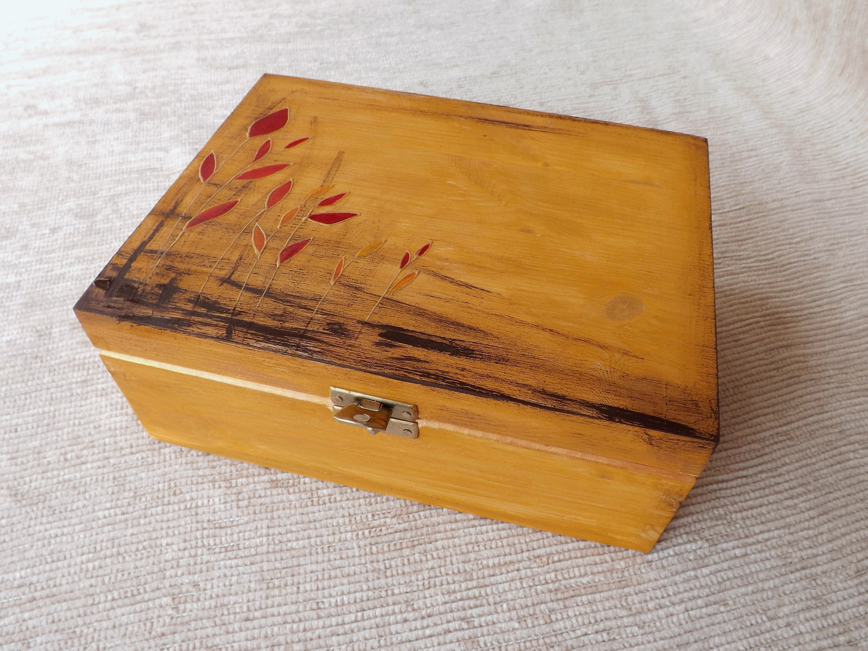 Wood Tea Box With Autumn Leaves, Hand-painted Customized Wooden Storage ...