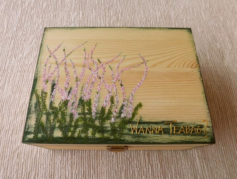 Wood Tea Box With Heather, Hand-painted Chest Tea Lover Gift ...