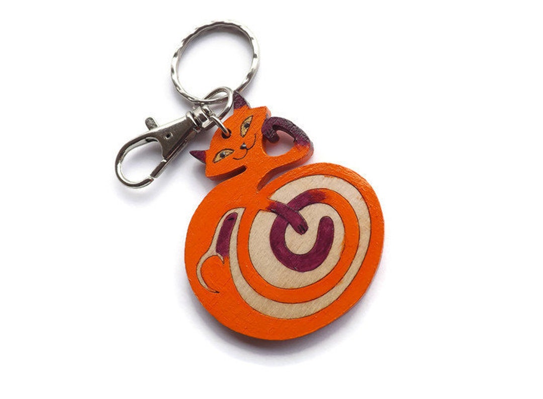 Keychain Cat in Orange Yellow, Hand-painted Wood Laser Cut Personalized ...