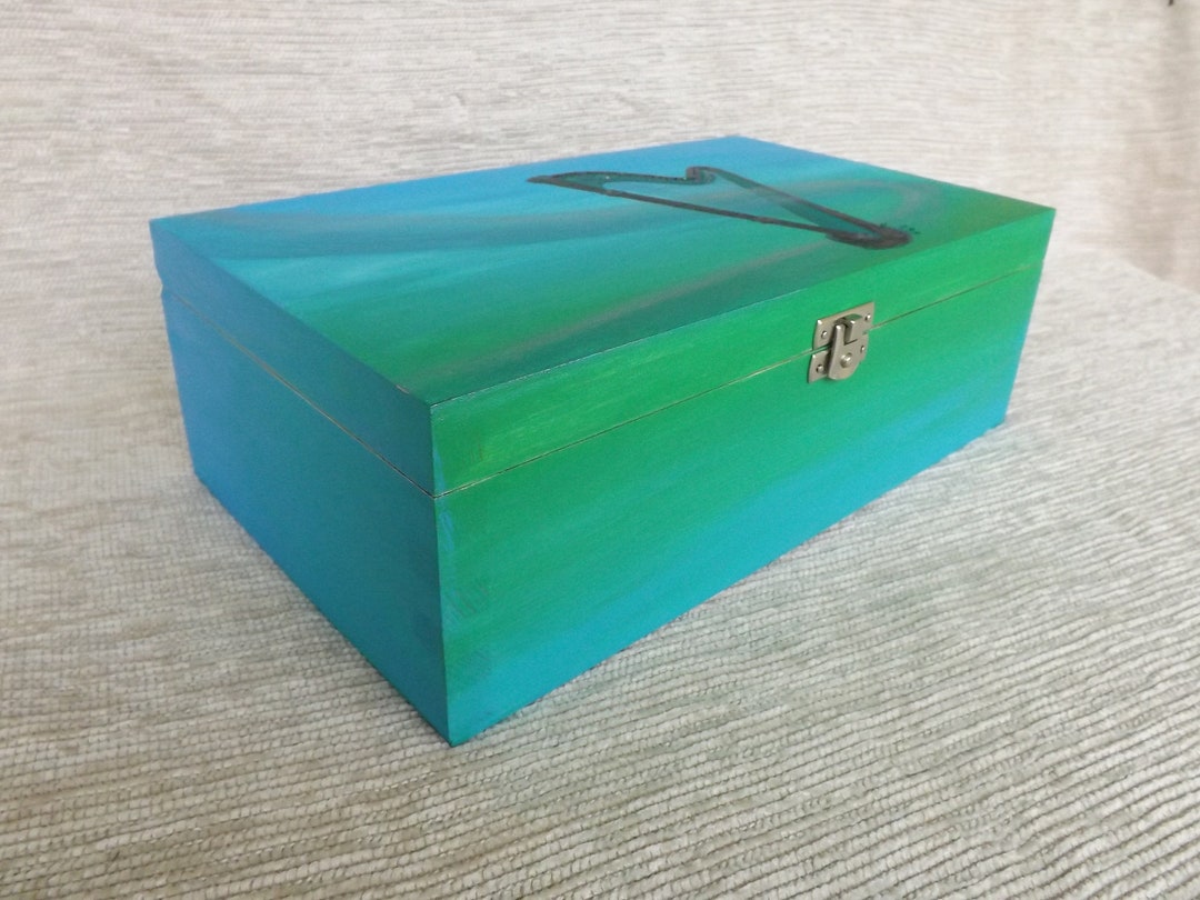 Custom Big Wood Tea Box With Harp, Handpainted Tea Bags Storage Jewelry ...