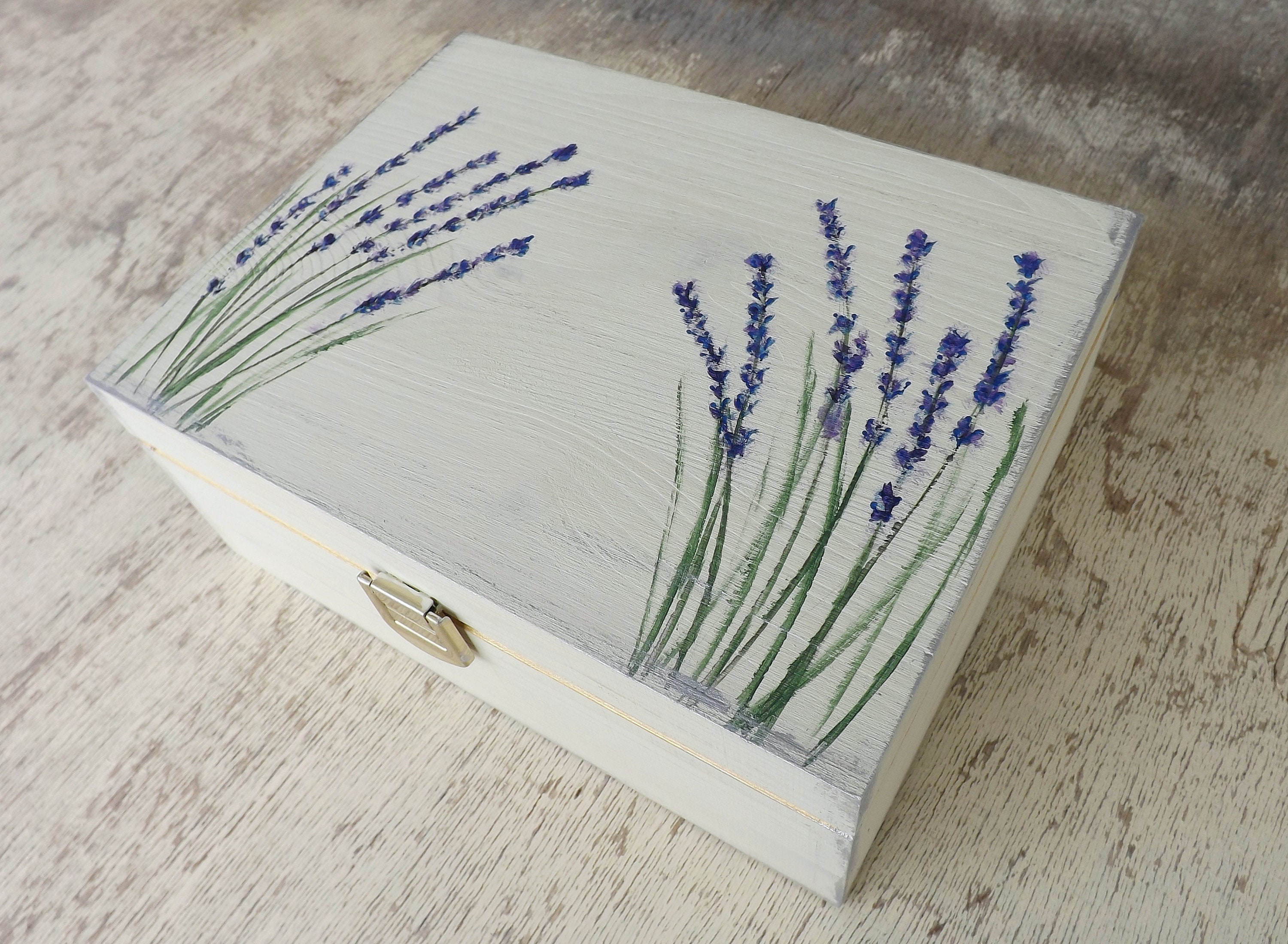 Wooden Tea box with Lavender hand-painted trinket floral box | Etsy