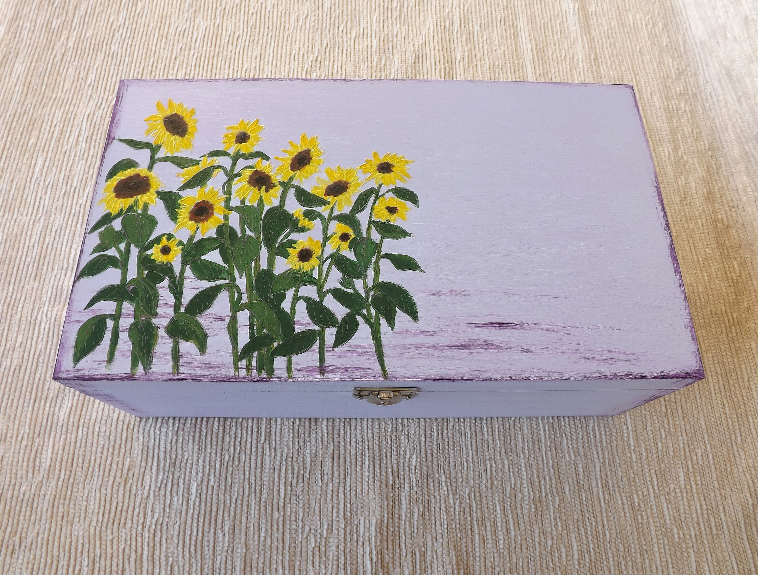 Big wood Tea box with Sunflowers hand painted custom Tea bag | Etsy