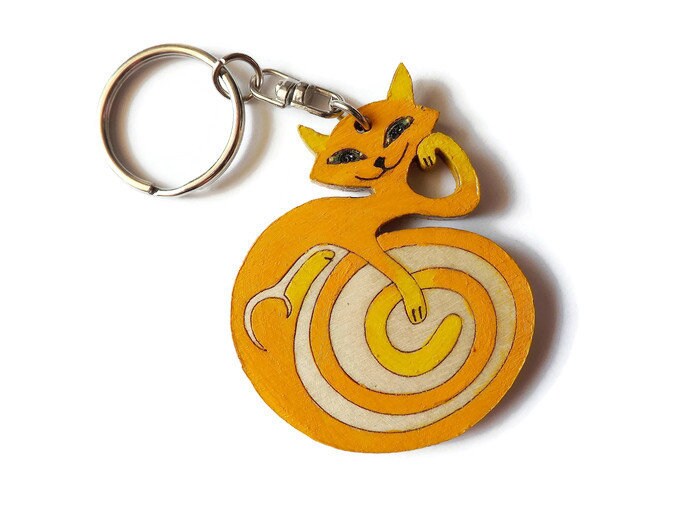 Keychain Cat in Orange Yellow hand-painted wood laser cut | Etsy