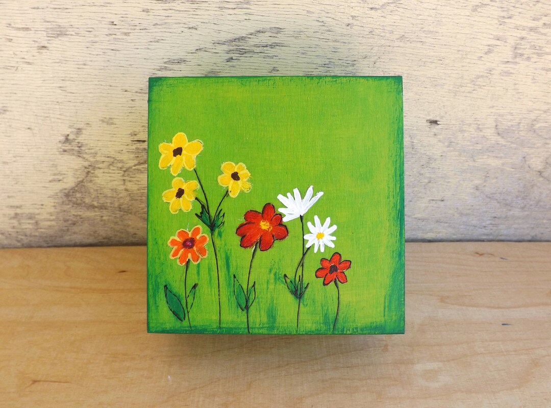 Wood Little Rustic Box With Flowers in Green Custom Hand - Etsy