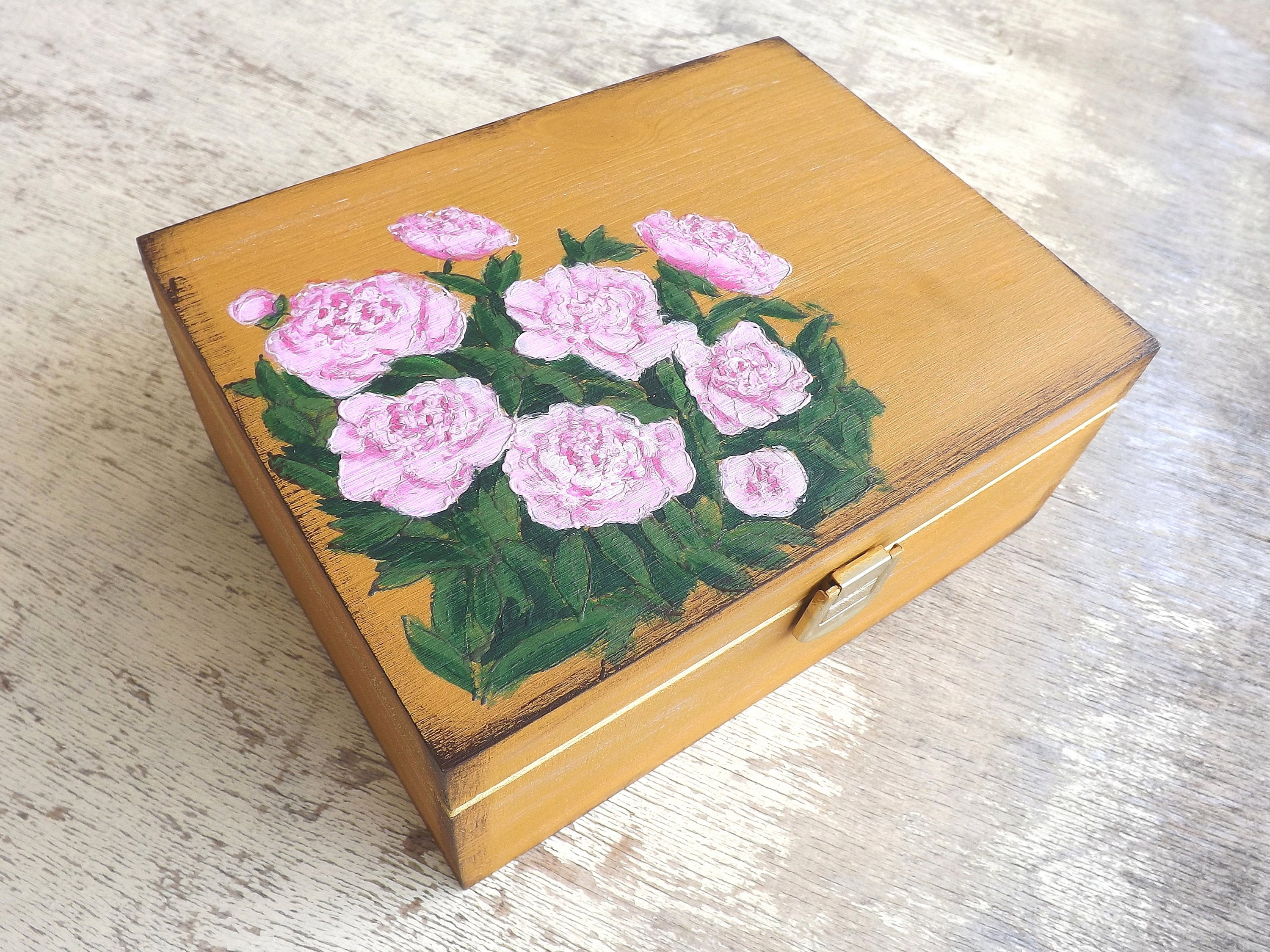 Wood Tea Box With Peonies Hand-painted Custom Chest for Tea | Etsy