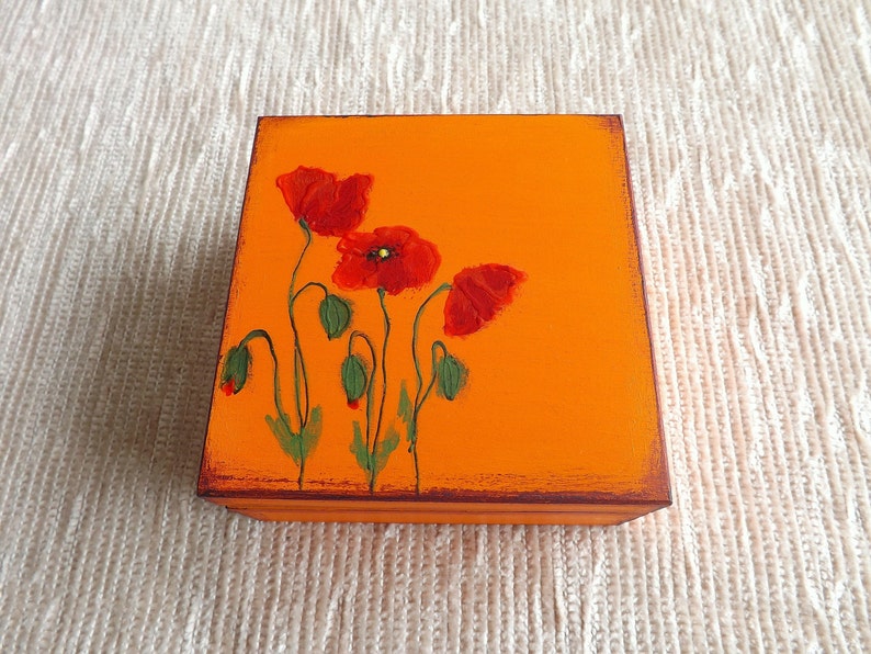 Wood Box With Poppies in Orange Hand Painted Custom Floral | Etsy