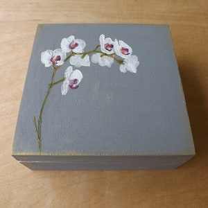 Wooden Box With Orchid, Custom Hand Painted Orchis Flower Chest, Gray ...