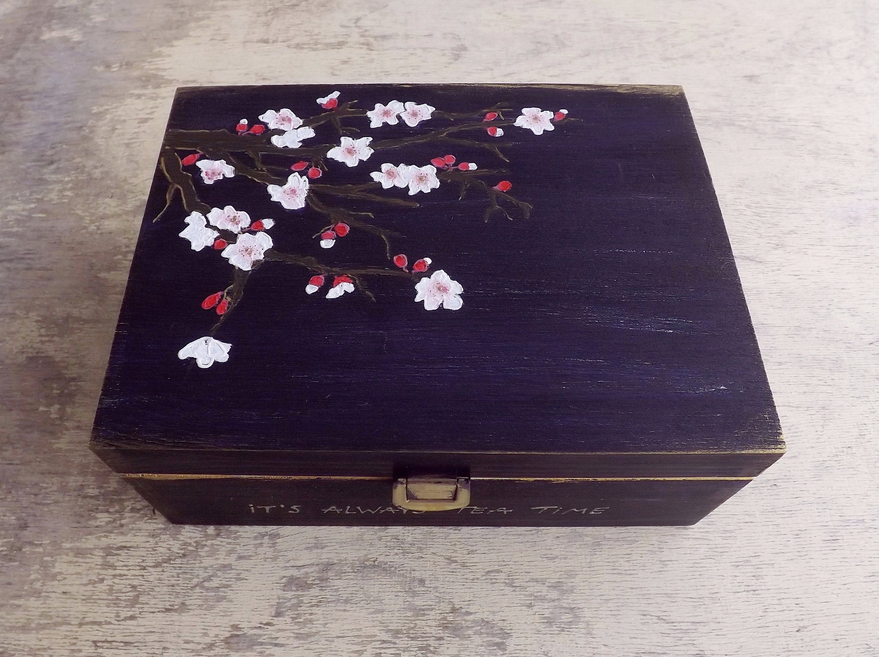 Wooden Tea Box: Cherry Blossom, Hand-painted Custom Floral Chest, Tea ...