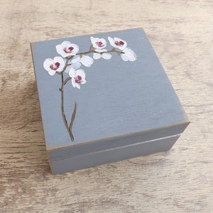 Wooden Box With Orchid, Custom Hand Painted Orchis Flower Chest, Gray ...